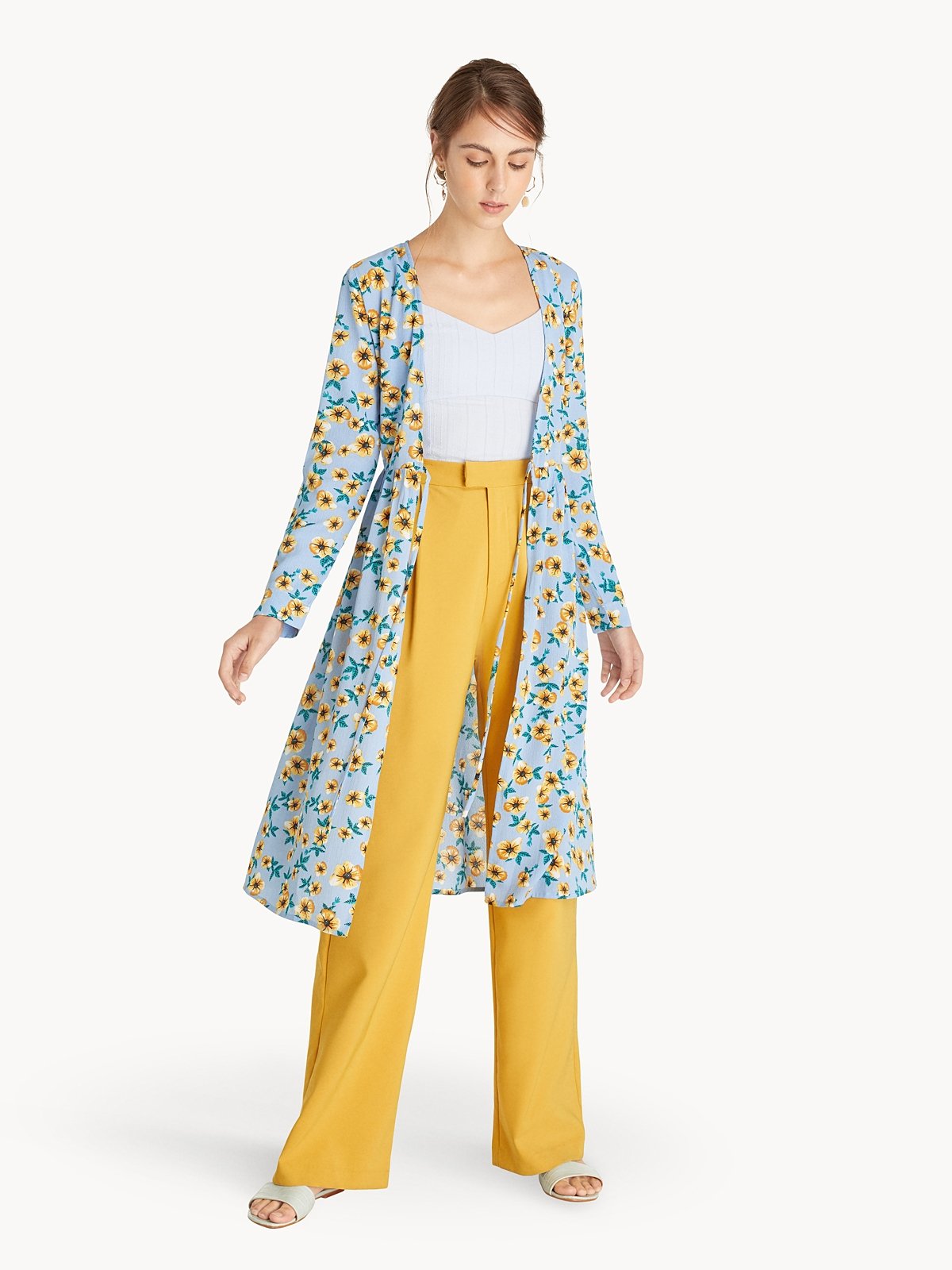 Floral Tie Waist Cover Up - Blue - Pomelo Fashion