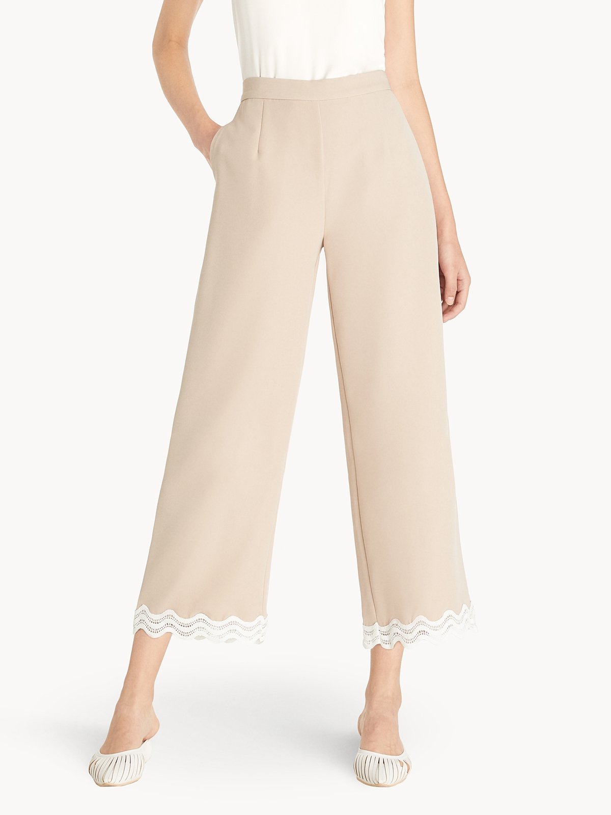 Hight Waist Lace Trim Pants - Cream - Pomelo Fashion