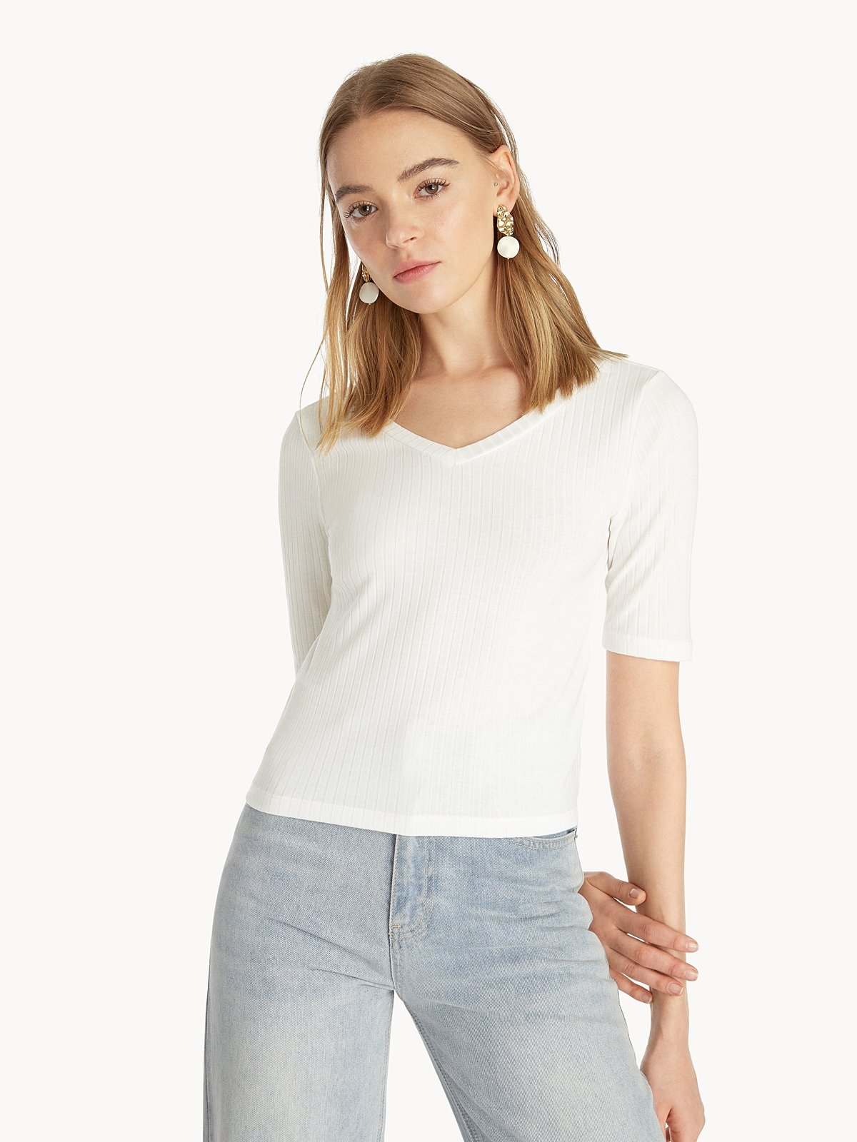 Ribbed Half Sleeve Top - White - Pomelo Fashion