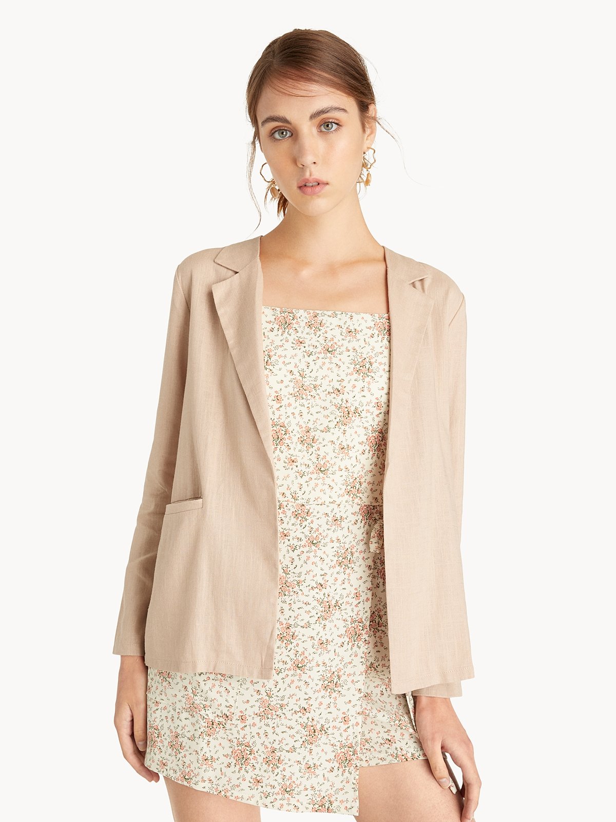 Buttonless Single Pocket Blazer - Beige - Pomelo Fashion