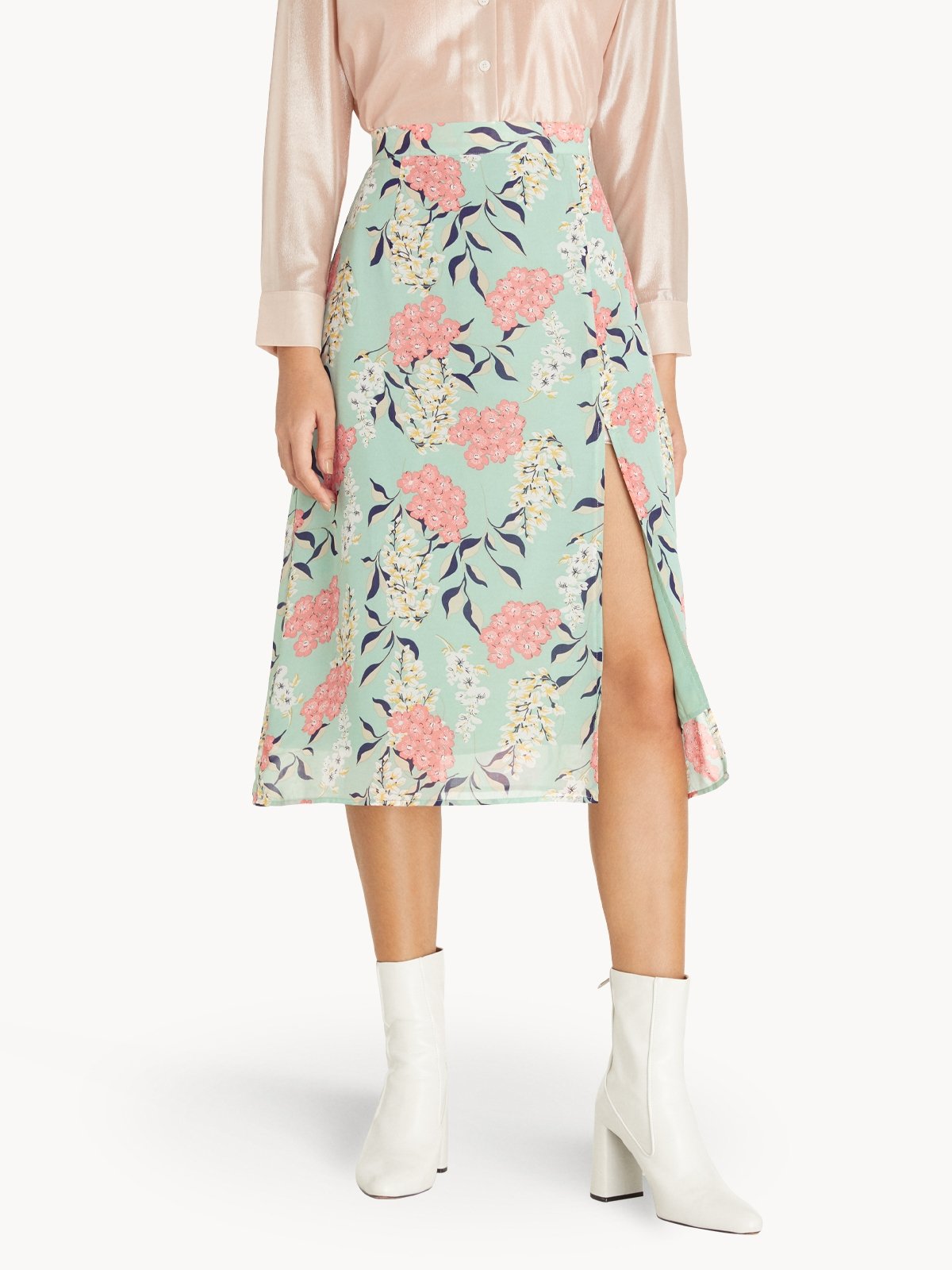Floral Print High Slit Skirt Green Pomelo Fashion