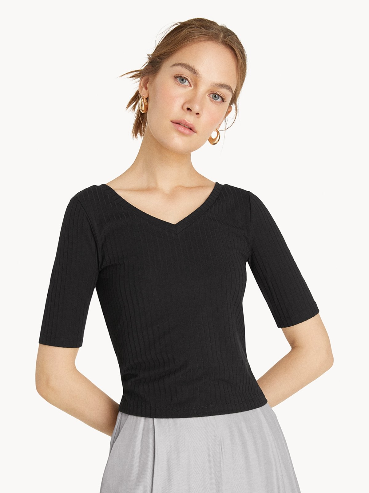 Ribbed Half Sleeve Top - Black - Pomelo Fashion