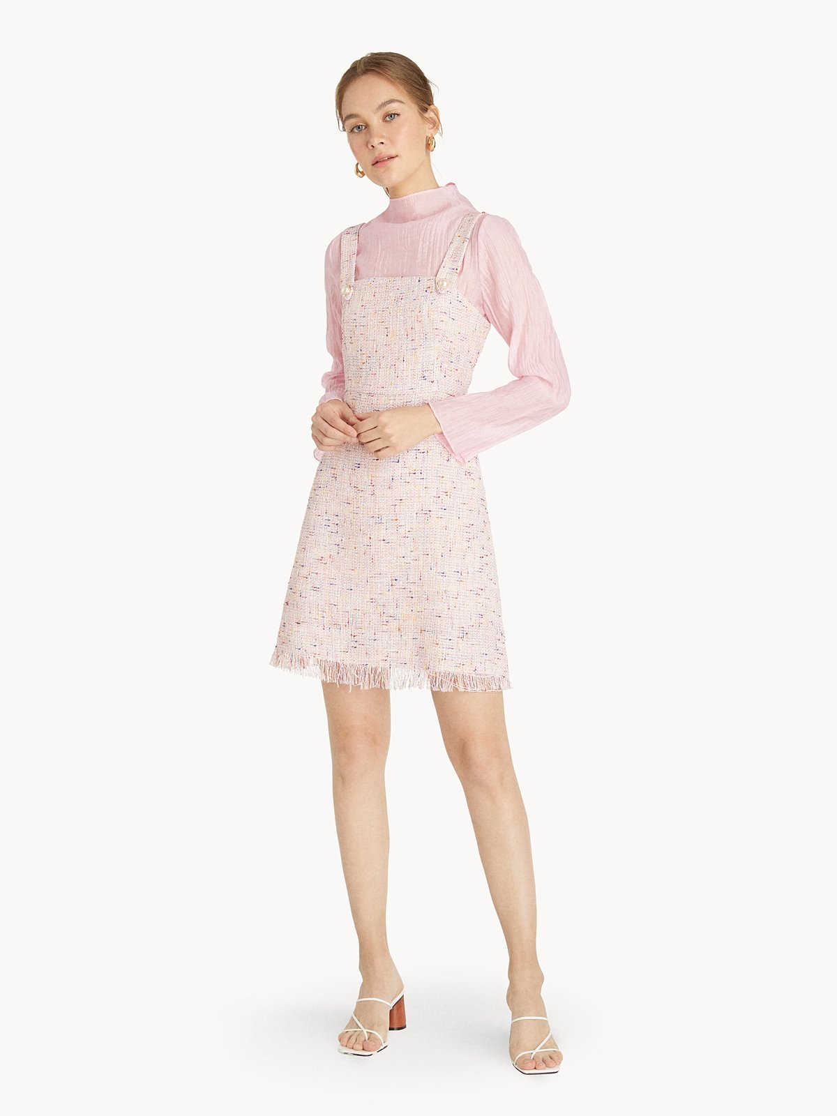 Tweed Square Neck Dress - Pink - Pomelo Fashion