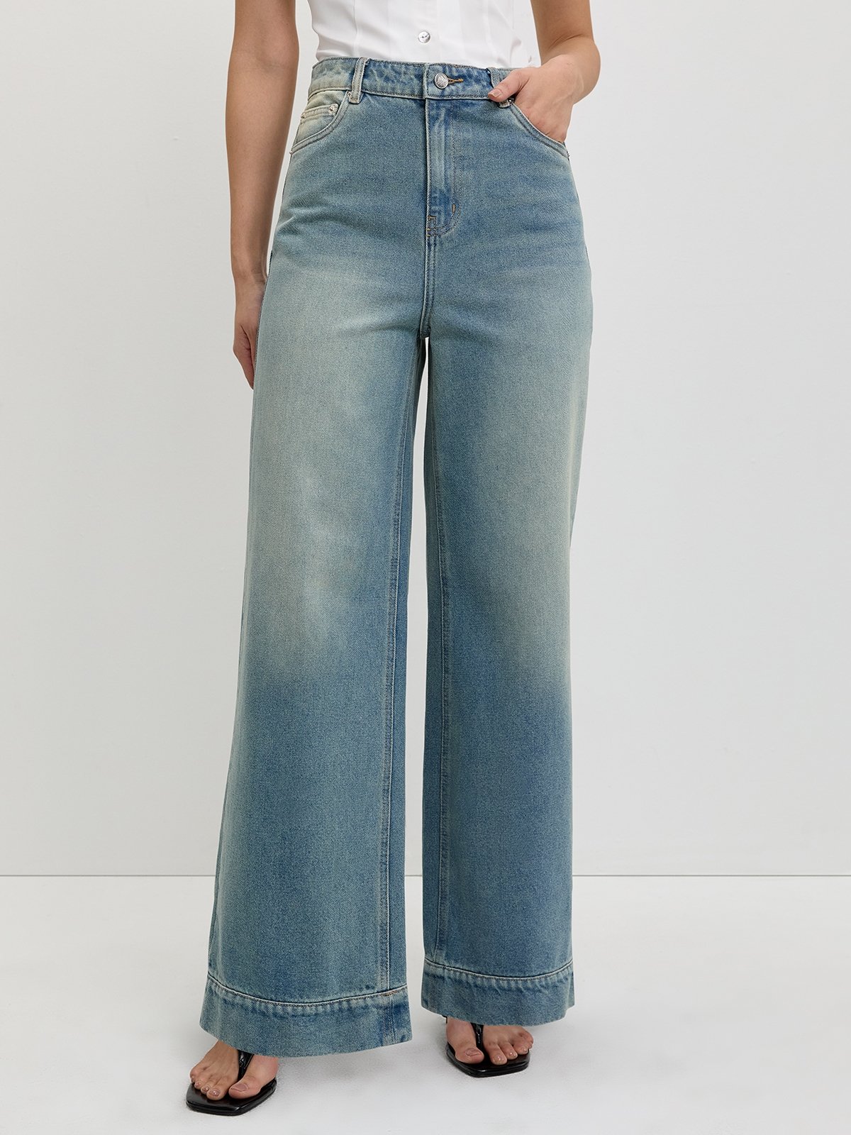 Wide Leg Jeans - Blue - Pomelo Fashion