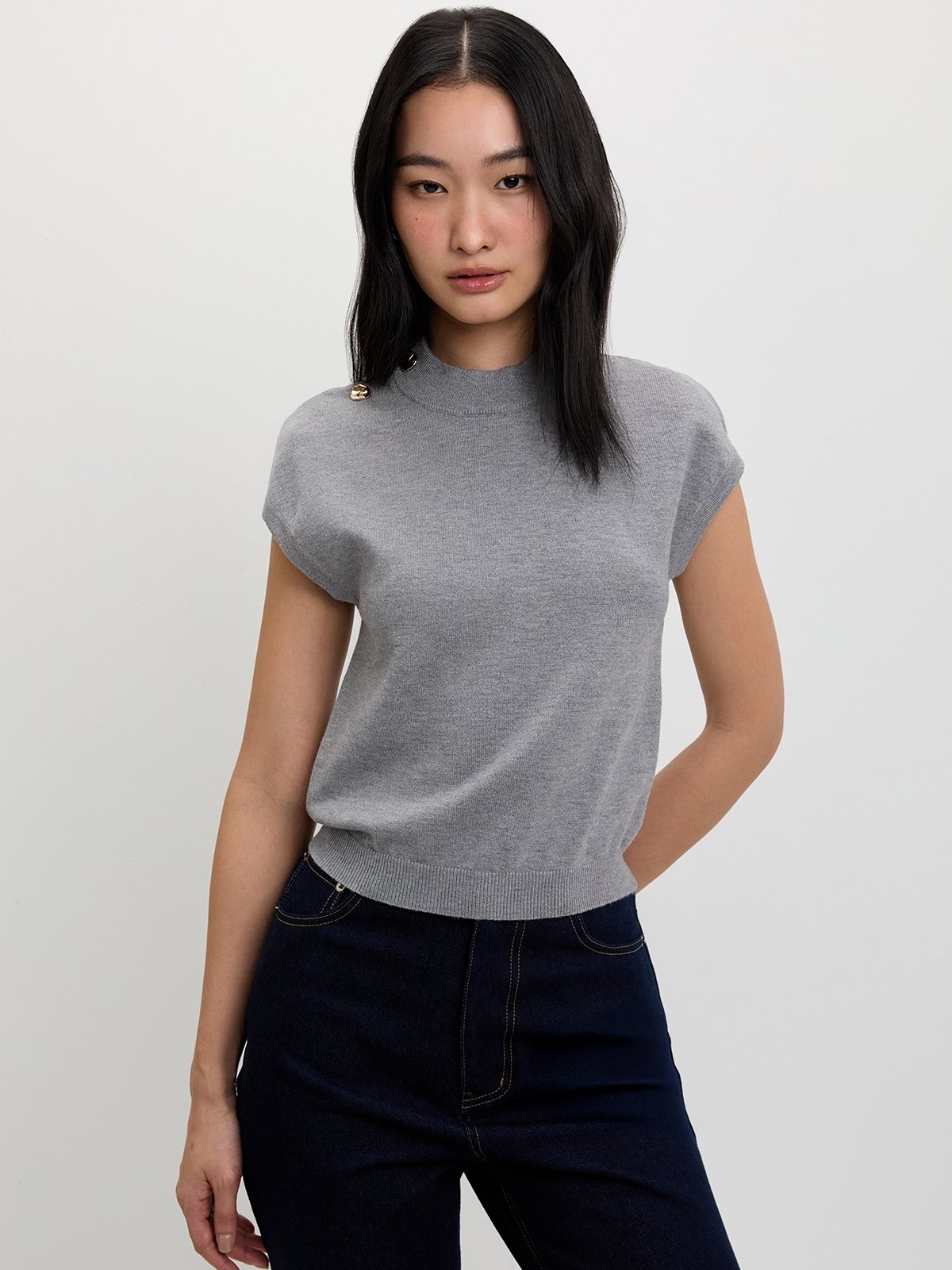 Button Knit Top - Mid Grey - Pomelo Fashion
