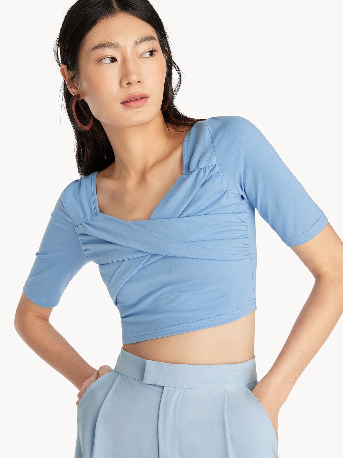 Crop Wrap Front Top - Blue - Pomelo Fashion
