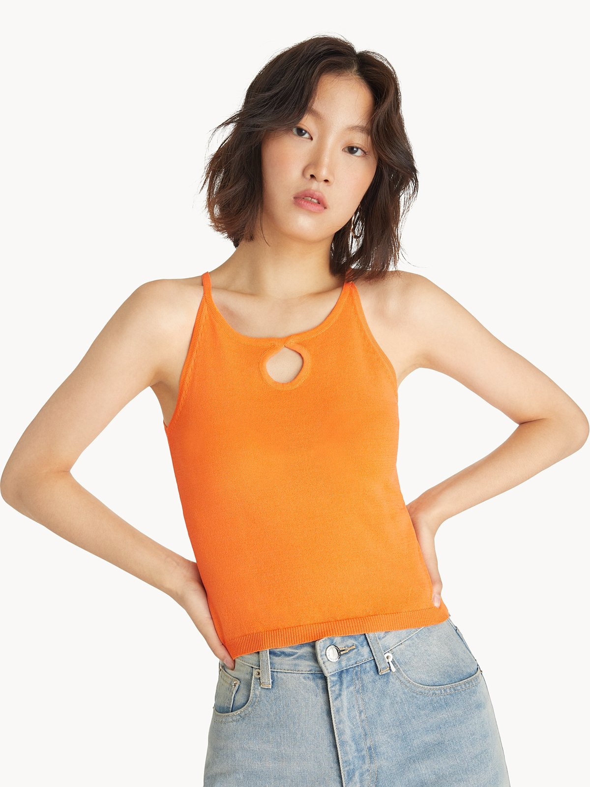 Knit Keyhole Halter Cami Top - Orange - Pomelo Fashion
