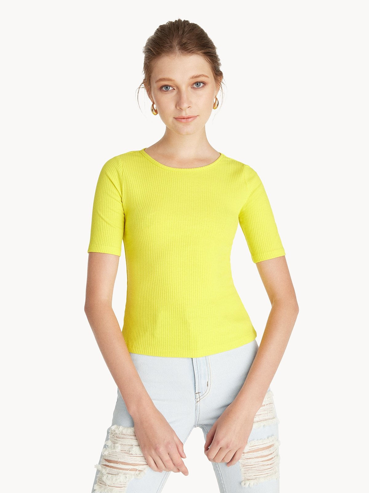 Cut Out Back Ribbed Tee - Yellow - Pomelo Fashion