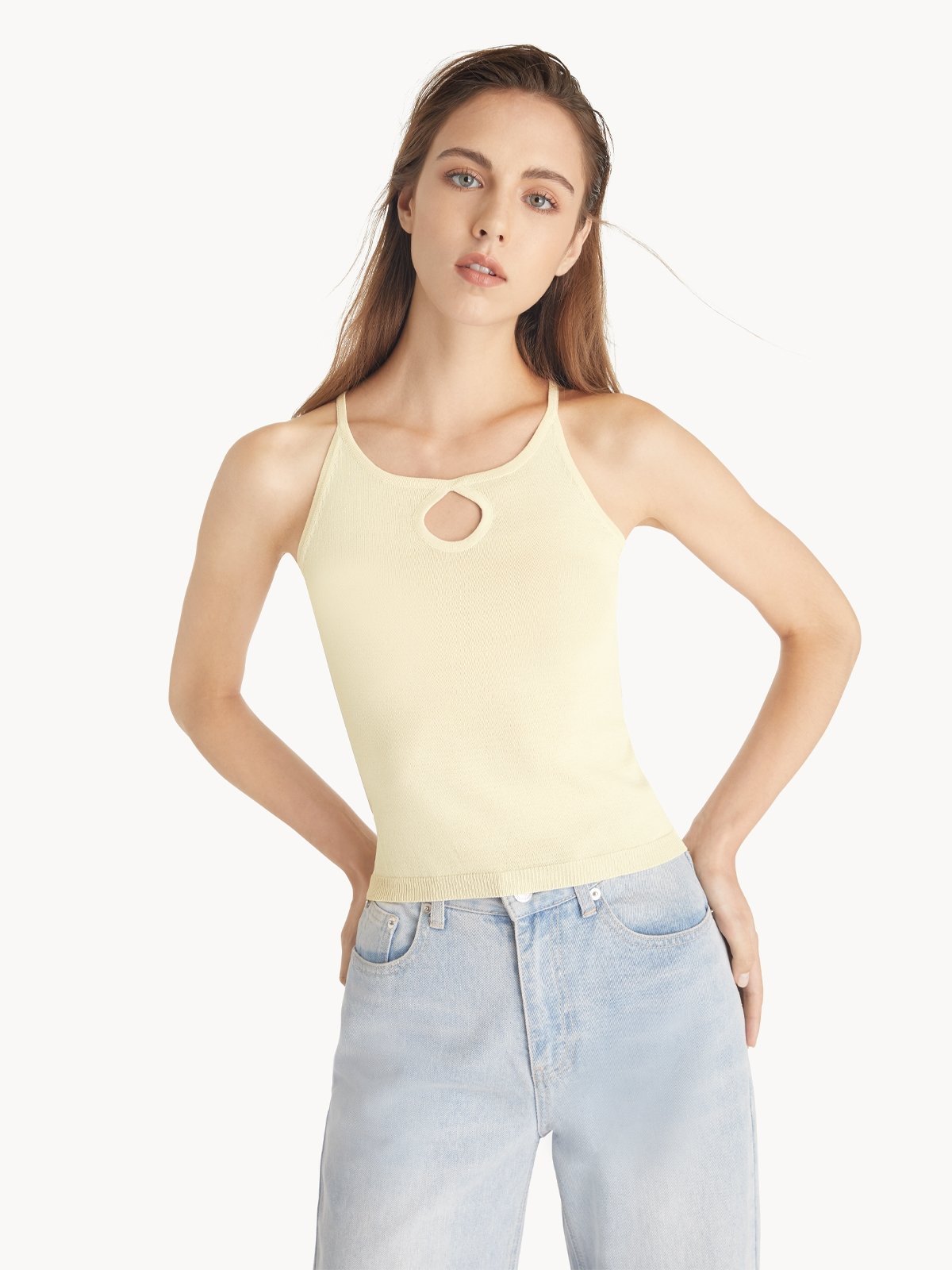 Knit Keyhole Halter Cami Top - Beige - Pomelo Fashion