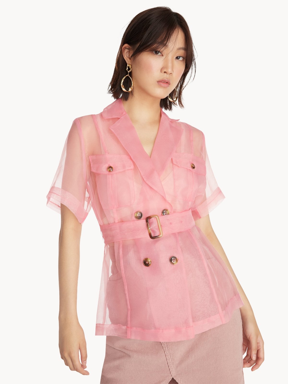 Sheer Double Breasted Shirt - Pink - Pomelo Fashion