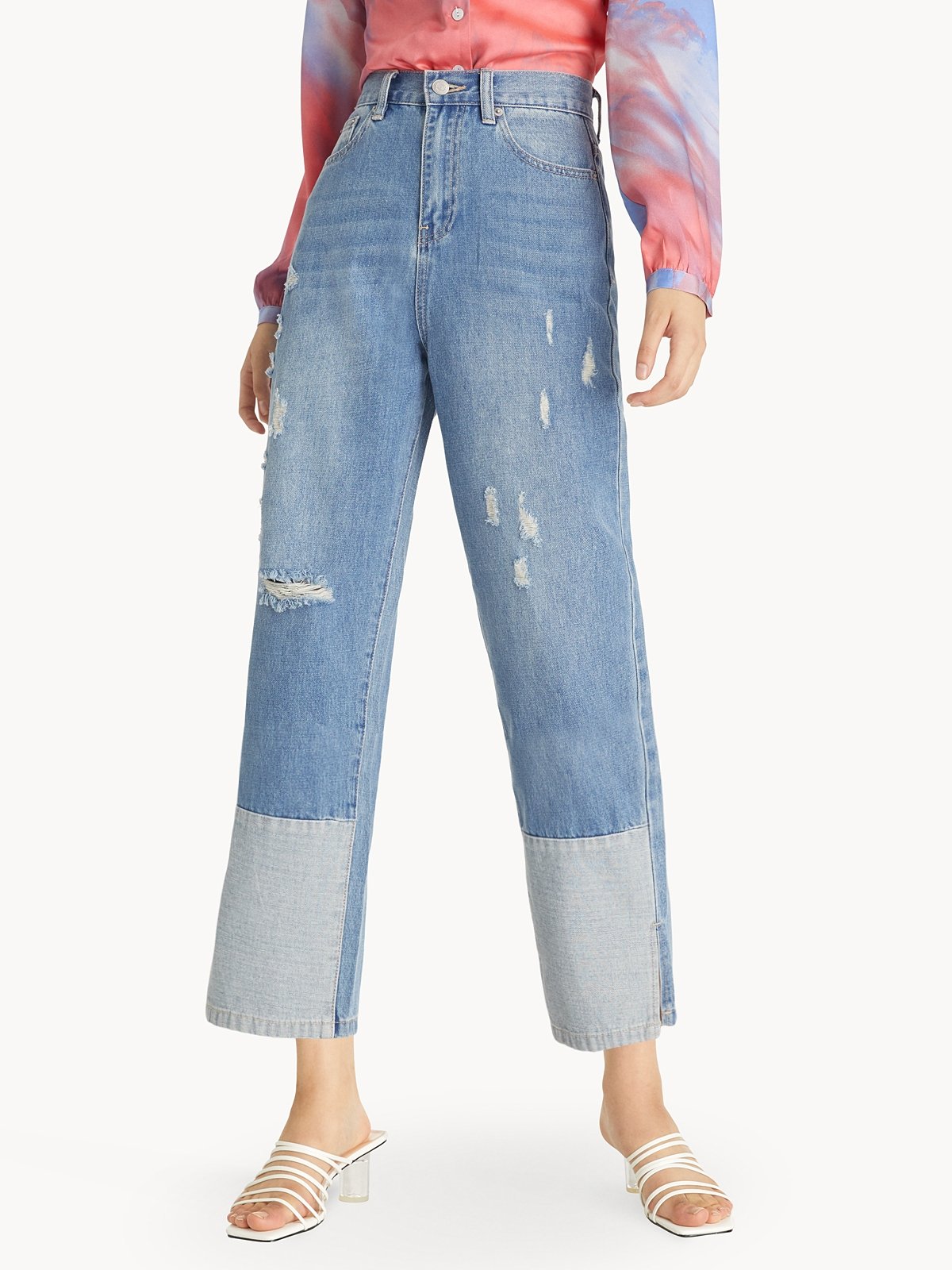 Ripped Two Tone Straight Jeans - Blue - Pomelo Fashion