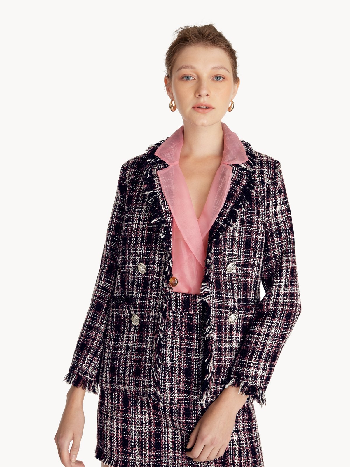Double Breasted Tweed Blazer - Pink - Pomelo Fashion