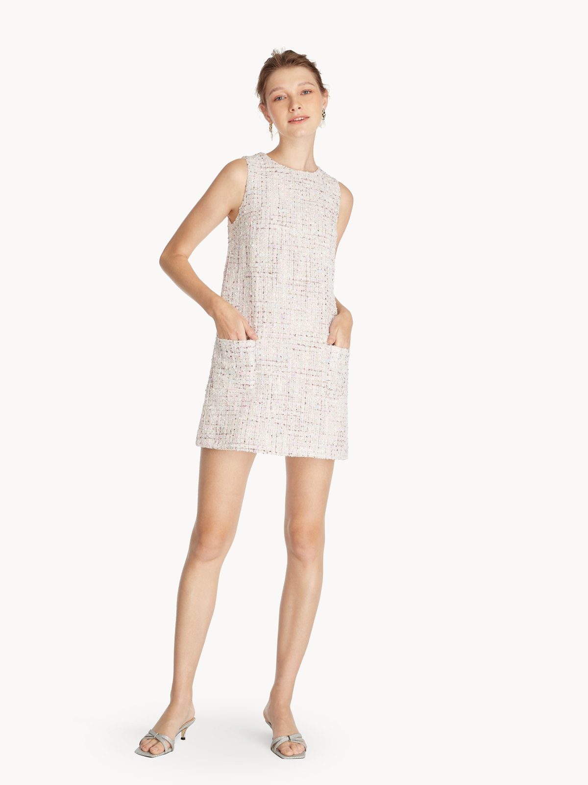 Mini Tweed Front Pockets Dress - White - Pomelo Fashion