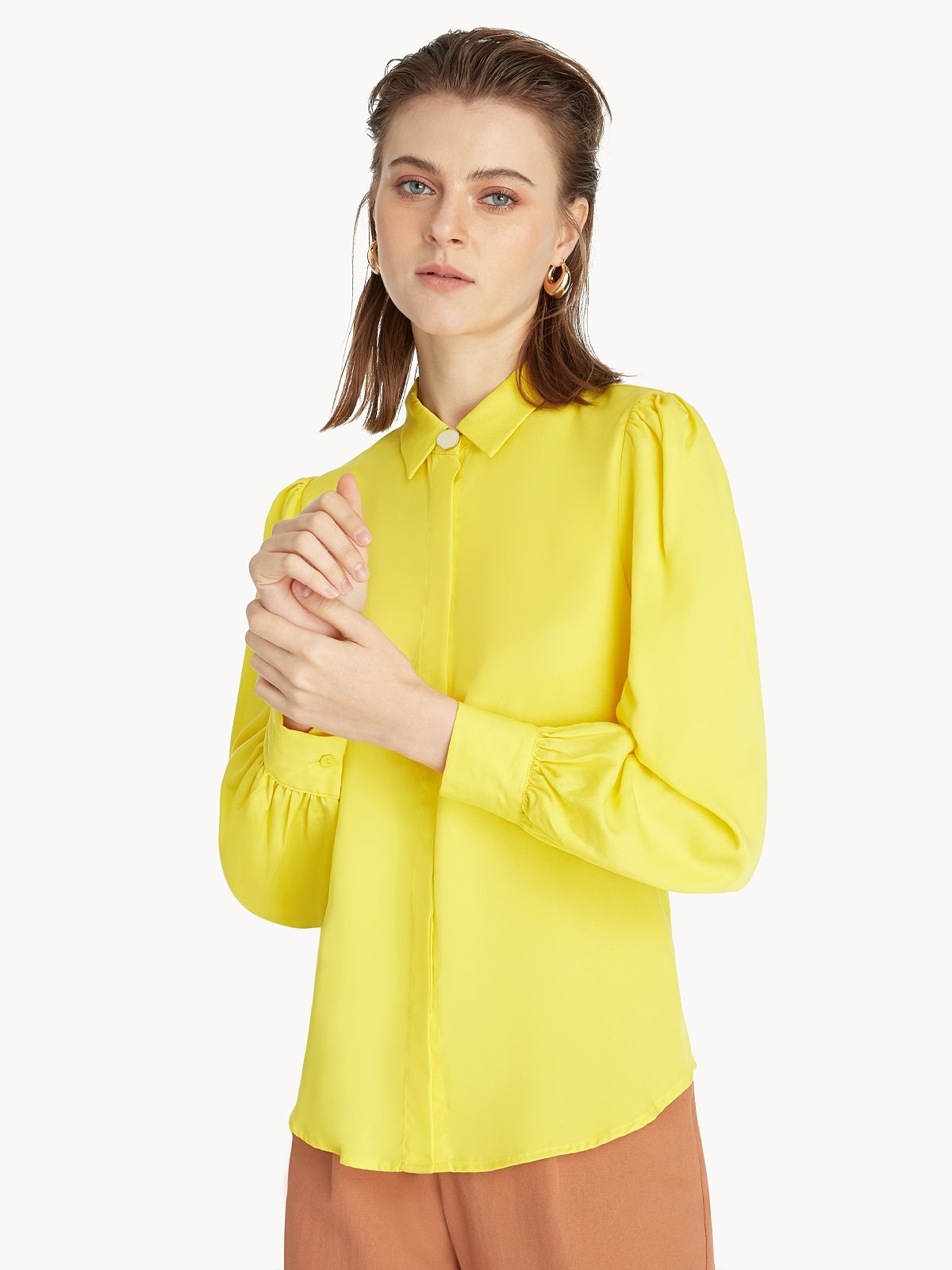 Premium Bishop Sleeve Button Down Top - Yellow - Pomelo Fashion