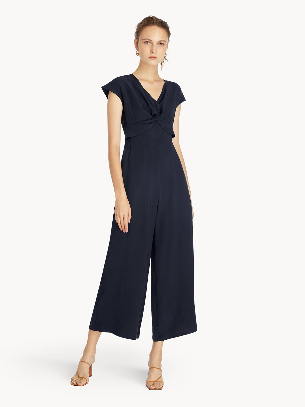 Premium Twisted V Neck Jumpsuit - Navy - Pomelo Fashion