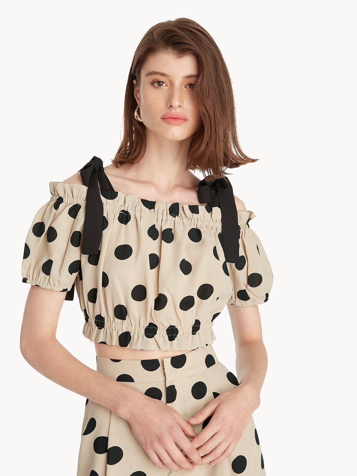 Polka Dot Tie Shoulder Crop Top Cream Pomelo Fashion