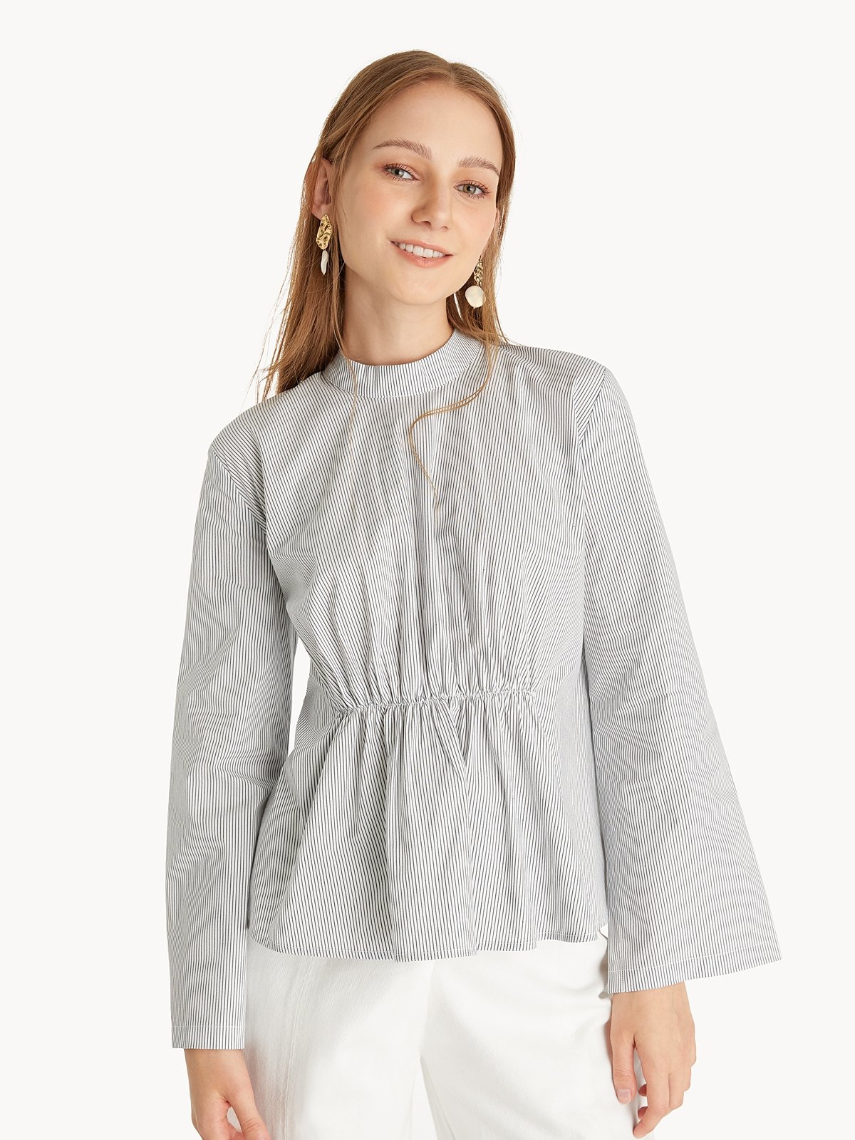 Ruched Front Full Sleeves Blouse - White - Pomelo Fashion