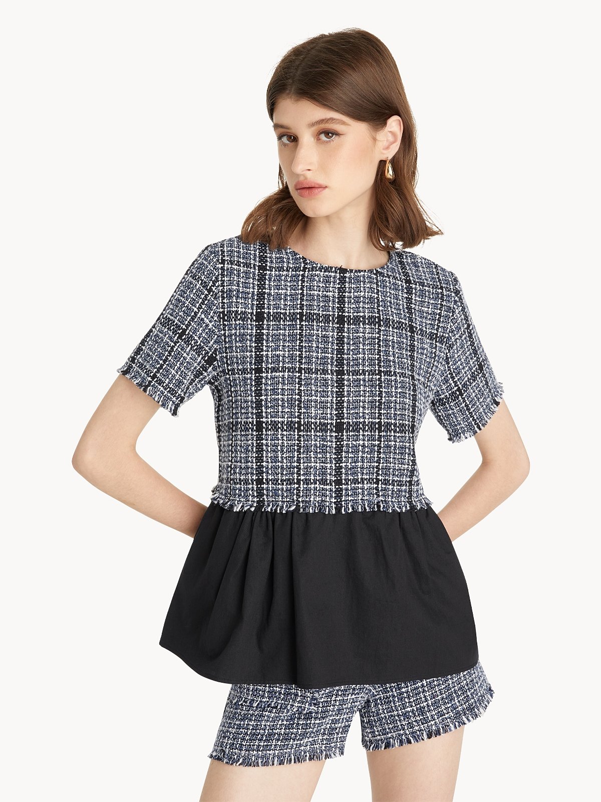 Tweed Peplum Top - Navy - Pomelo Fashion
