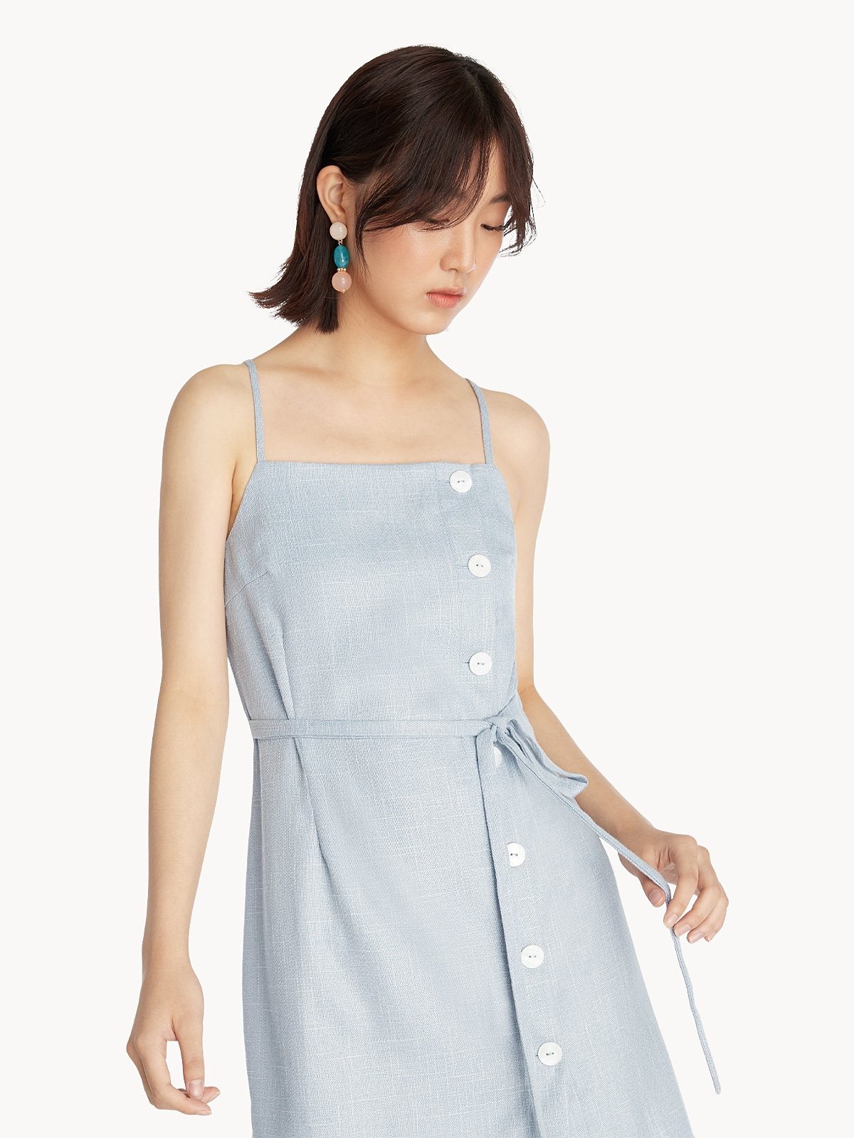 Mini Tie Waist Buttoned Dress Blue Pomelo Fashion