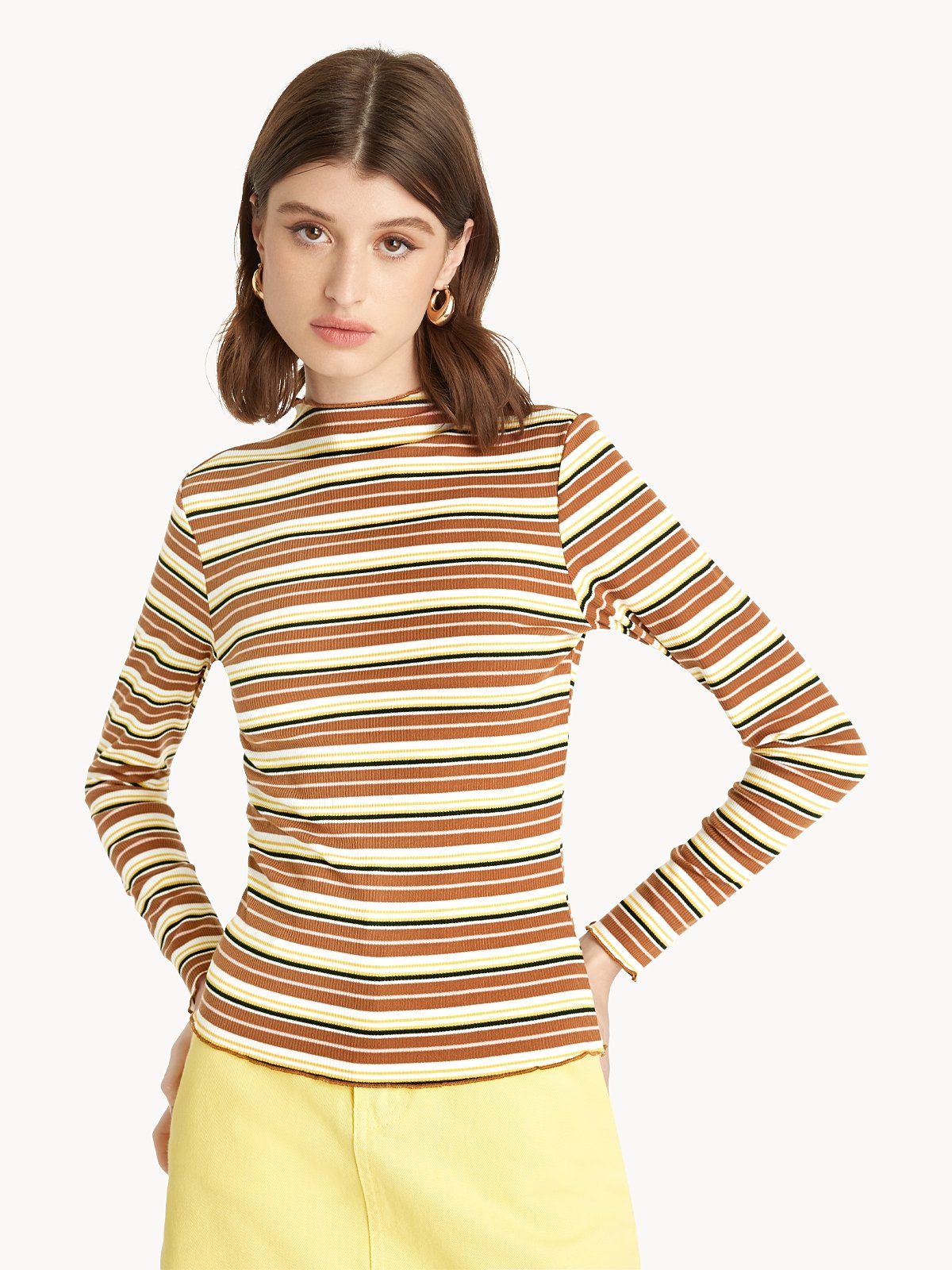 Striped Mock Neck Top - Brown - Pomelo Fashion