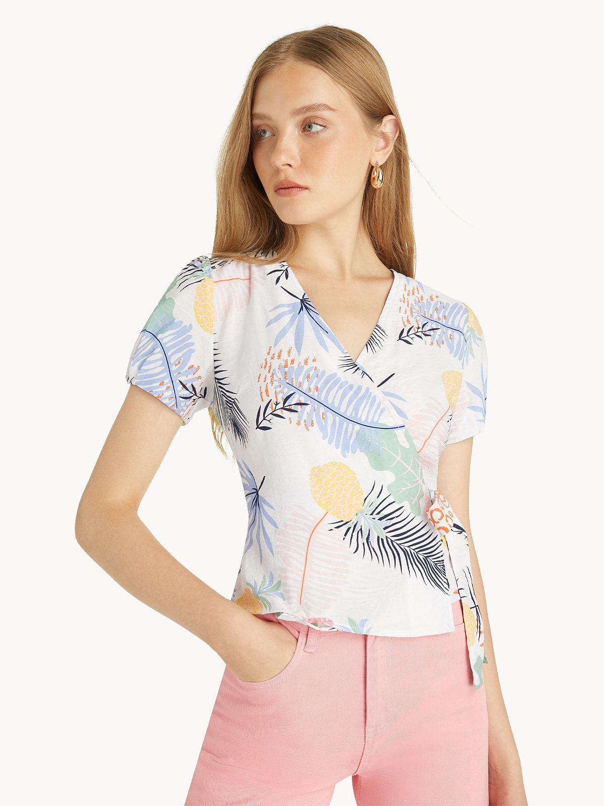 Tropic Summer Print Wrap Top - White - Pomelo Fashion