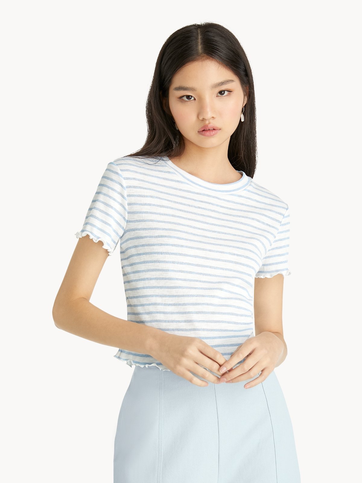 Cropped Striped Shirt - Blue - Pomelo Fashion