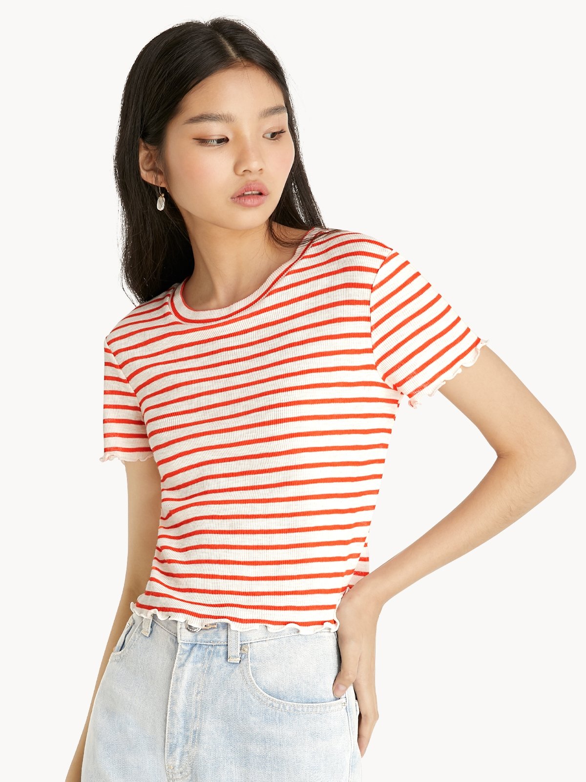 Cropped Striped Shirt - Red - Pomelo Fashion