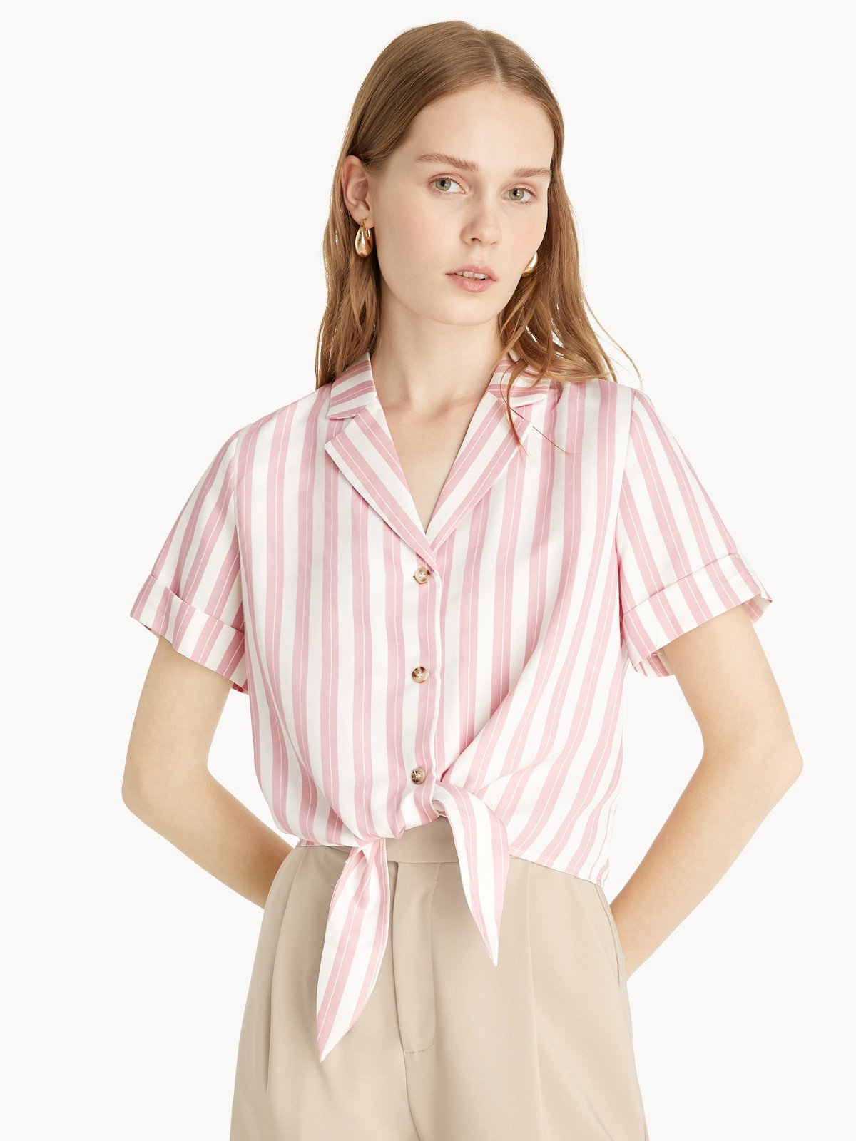 Striped Short Sleeve Button Up - Pink - Pomelo Fashion