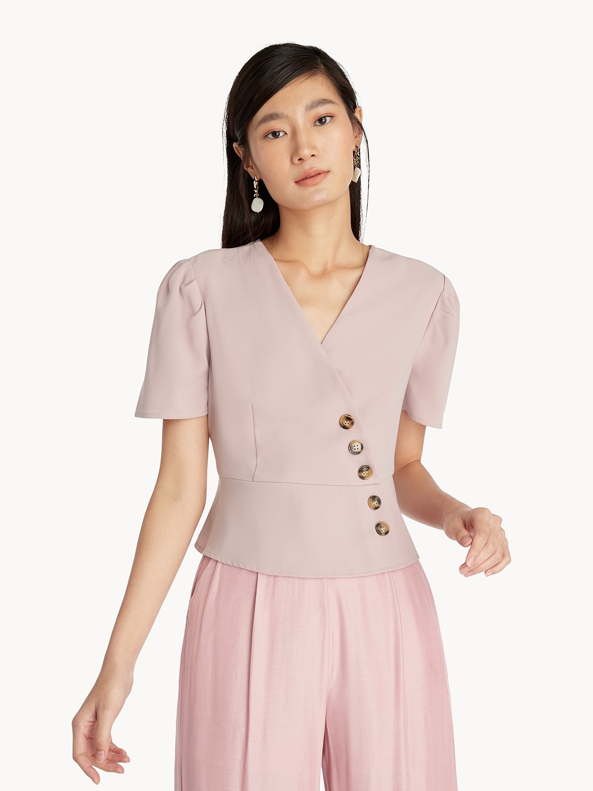 Surplice Neck Side Buttons Blouse - Pink - Pomelo Fashion