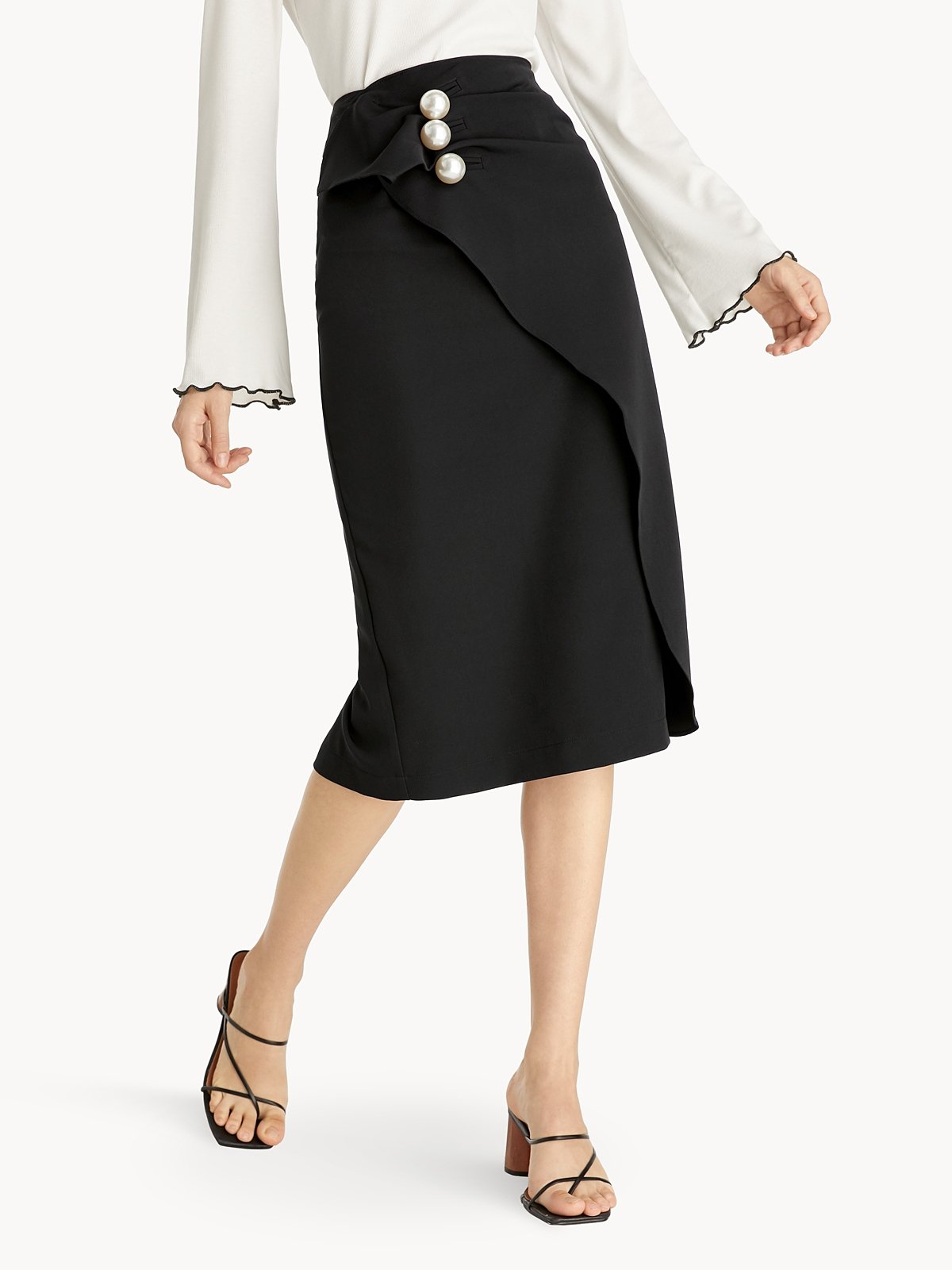 Side Wrap Pearl Accent Skirt - Black - Pomelo Fashion