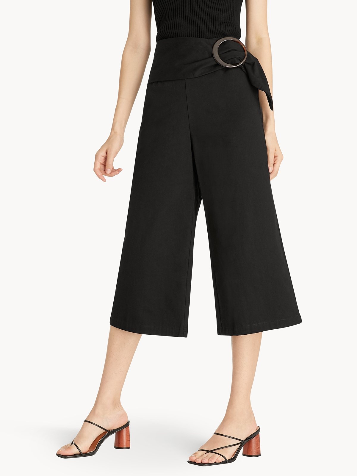 Oversized Belt Culotte Pants - Black - Pomelo Fashion