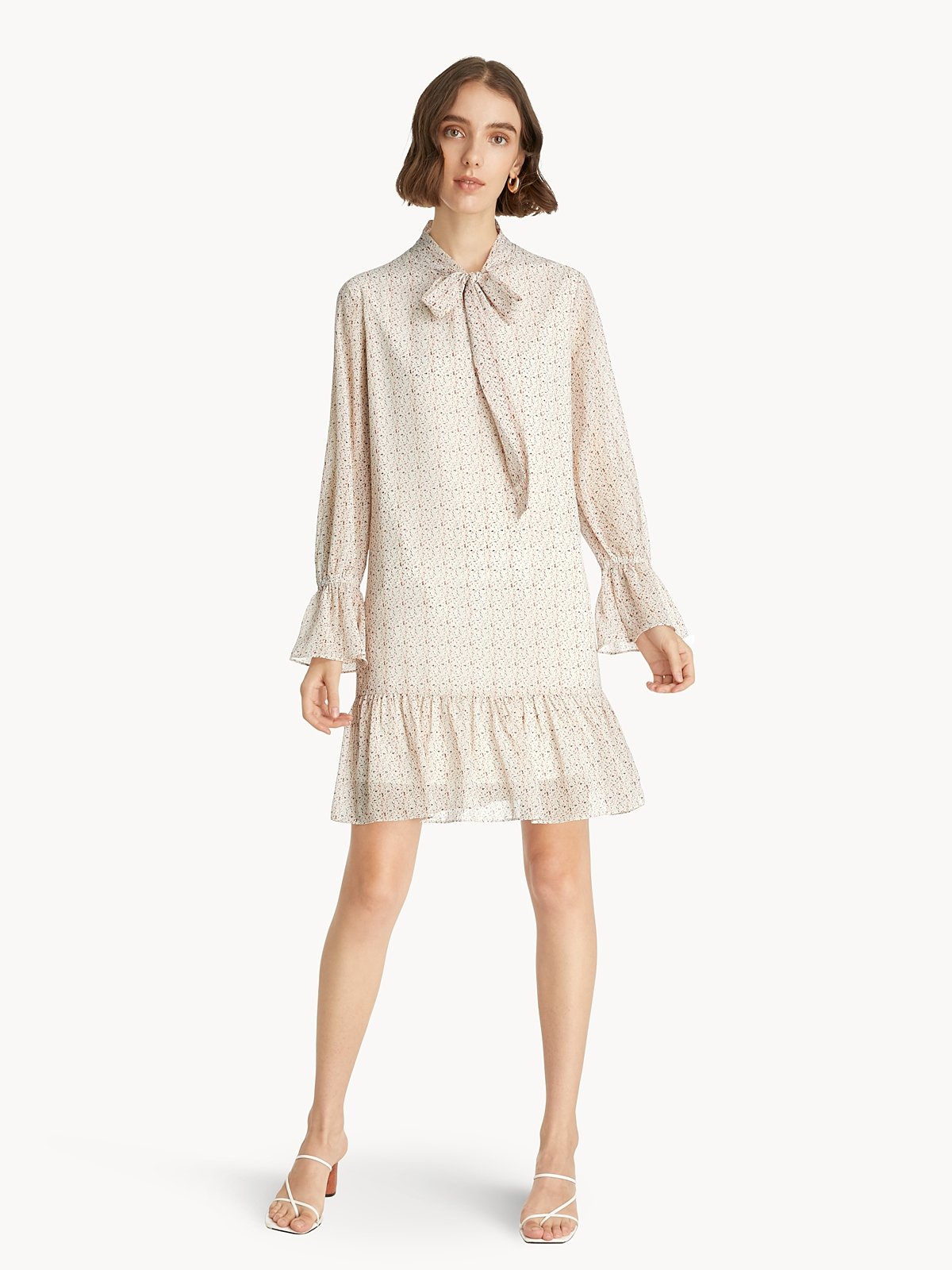Tie Neck Peasant Shift Dress - White - Pomelo Fashion