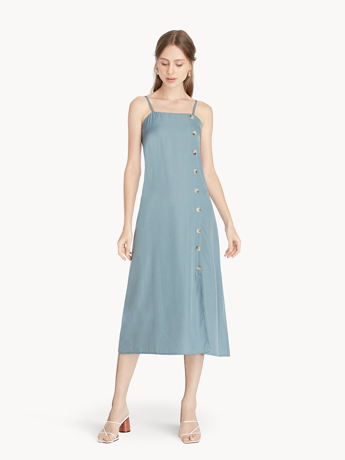 Side Buttoned Cami Dress - Blue - Pomelo Fashion