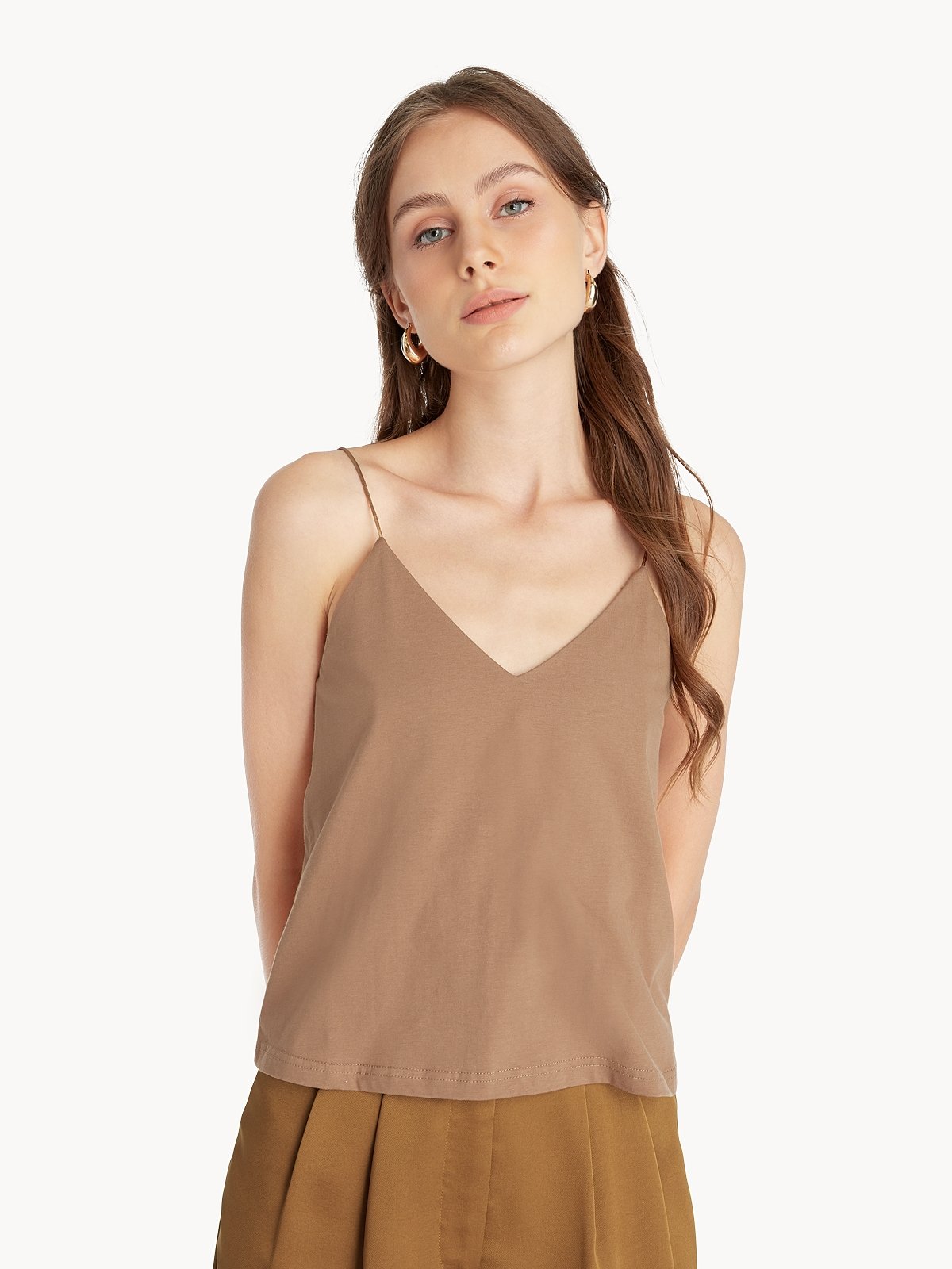 V Open Back Cami Top - Brown - Pomelo Fashion