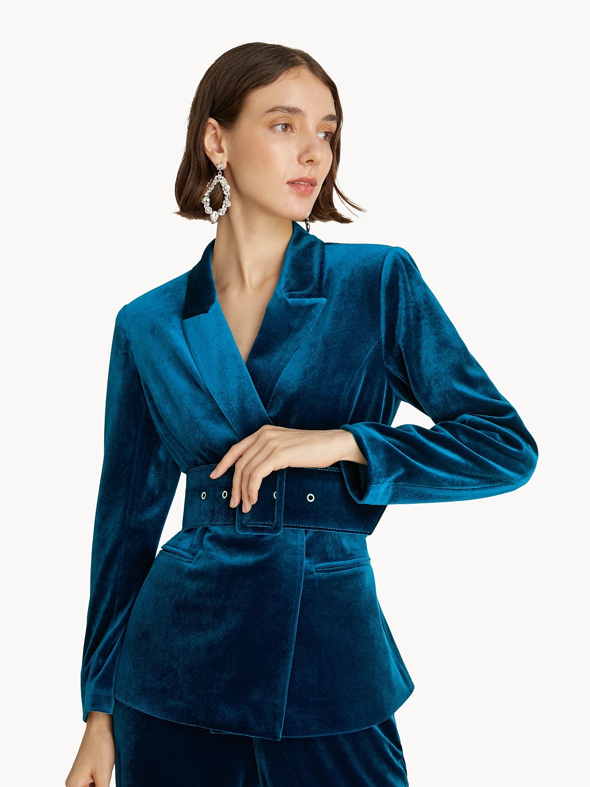 Velvet Oversize Belted Blazer - Blue - Pomelo Fashion