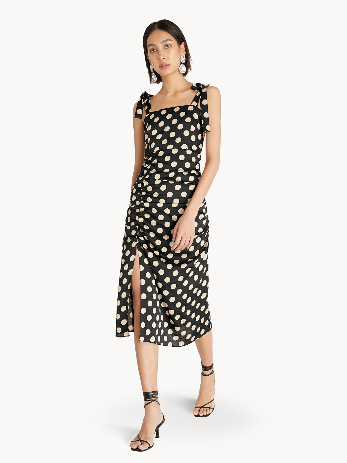 Polka Dot Ruched Dress - Black - Pomelo Fashion