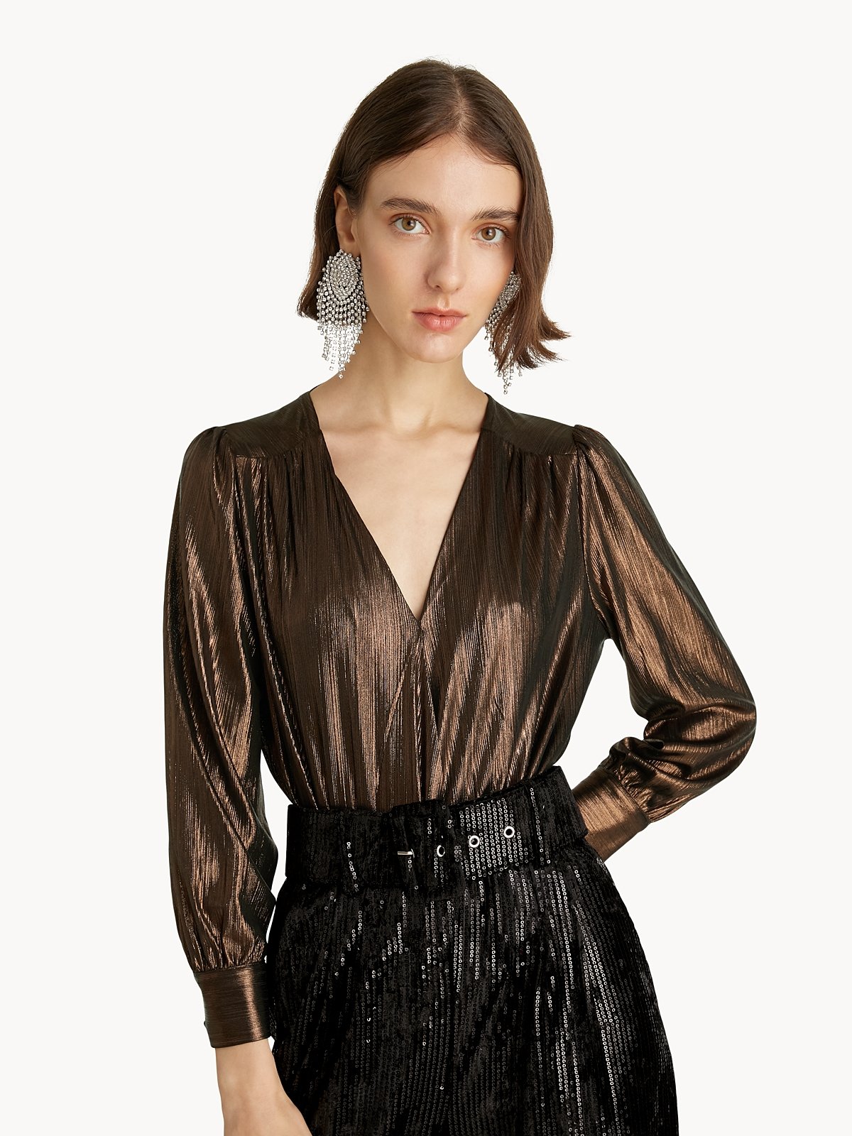 Reflective Open Back Bodysuit Brown Pomelo Fashion