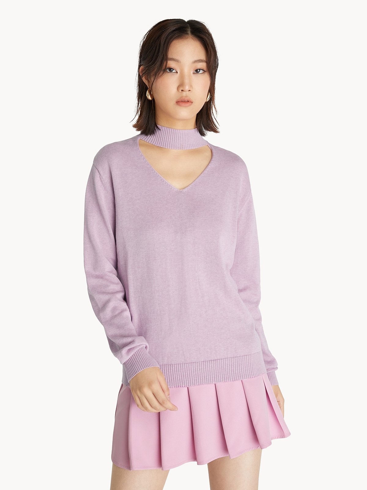 Oversized Cut Out Neck Sweater - Purple - Pomelo Fashion