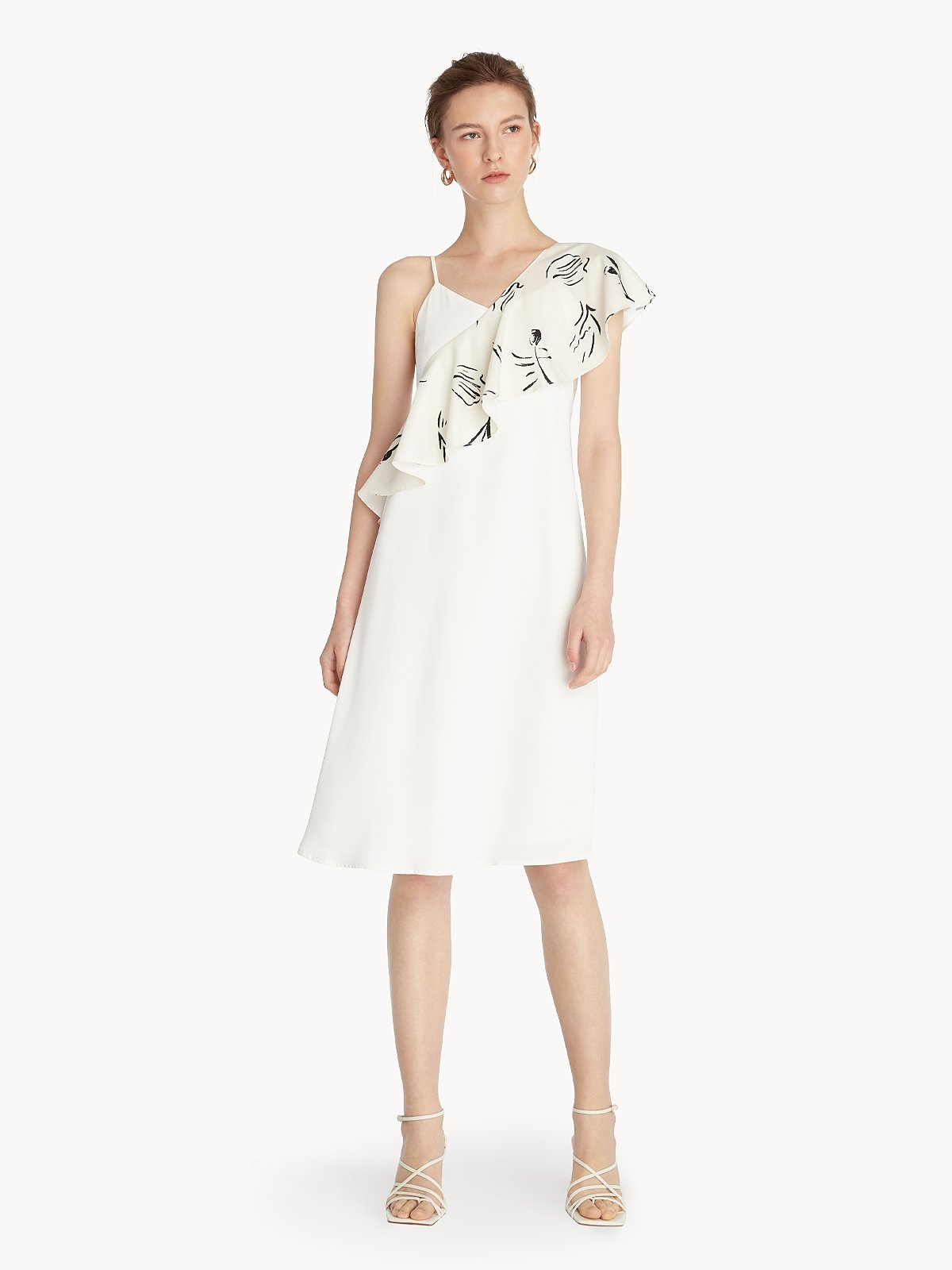 Side Ruffled Sleeves Dress - White - Pomelo Fashion