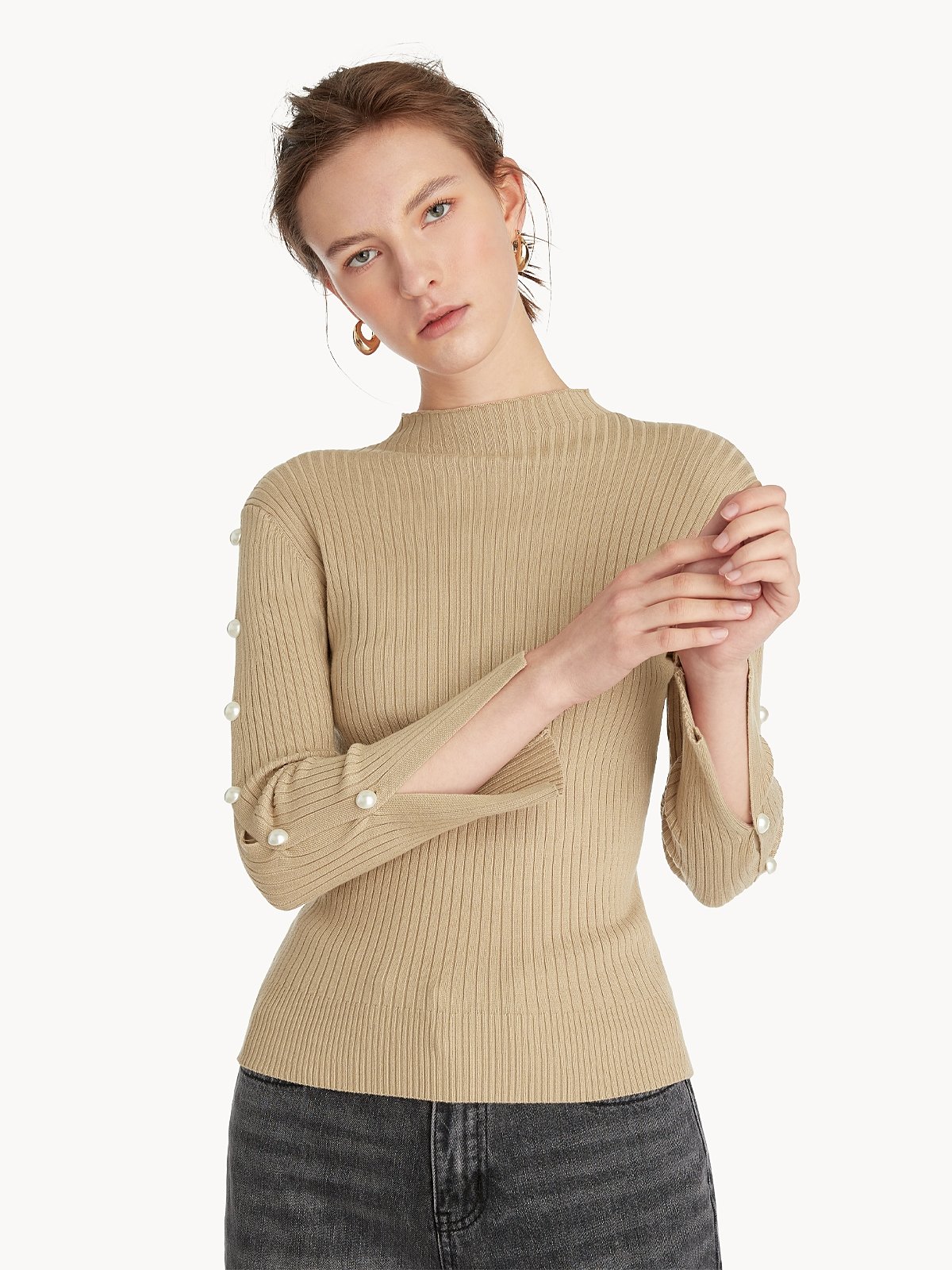 Pearl Sleeves Accent Ribbed Top - Beige - Pomelo Fashion