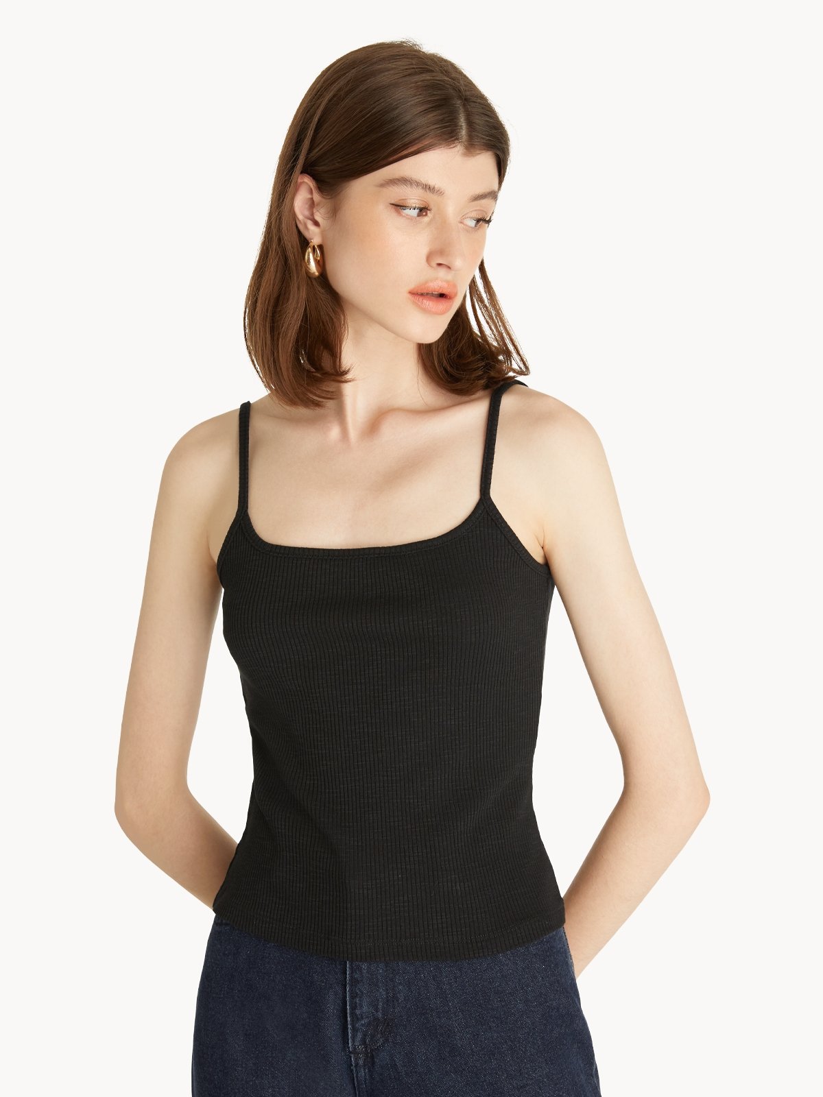 Ribbed Square Neck Tank Top - Black - Pomelo Fashion