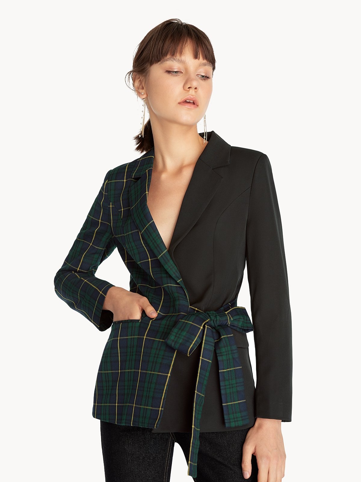 Half Tartan Tied Blazer - Dark Green - Pomelo Fashion