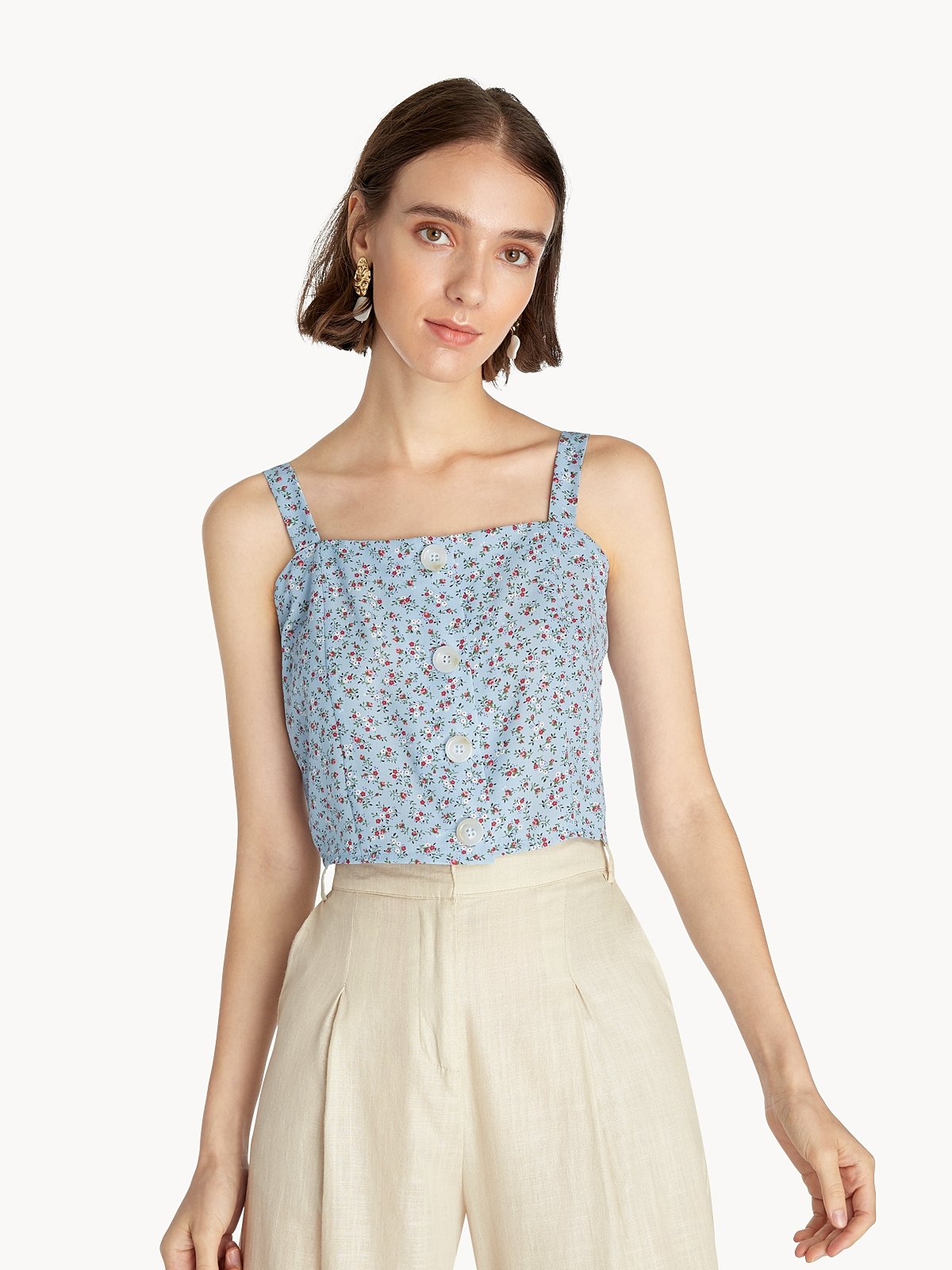 Squared Neck Button Up Tank - Blue - Pomelo Fashion