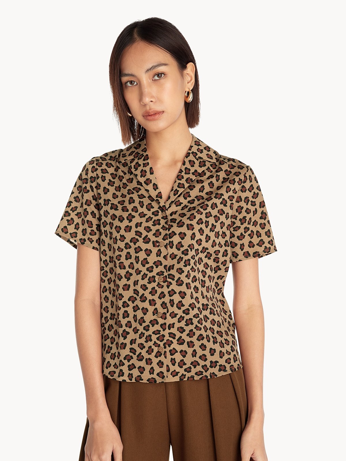 Leopard Print Button Up Shirt - Brown - Pomelo Fashion