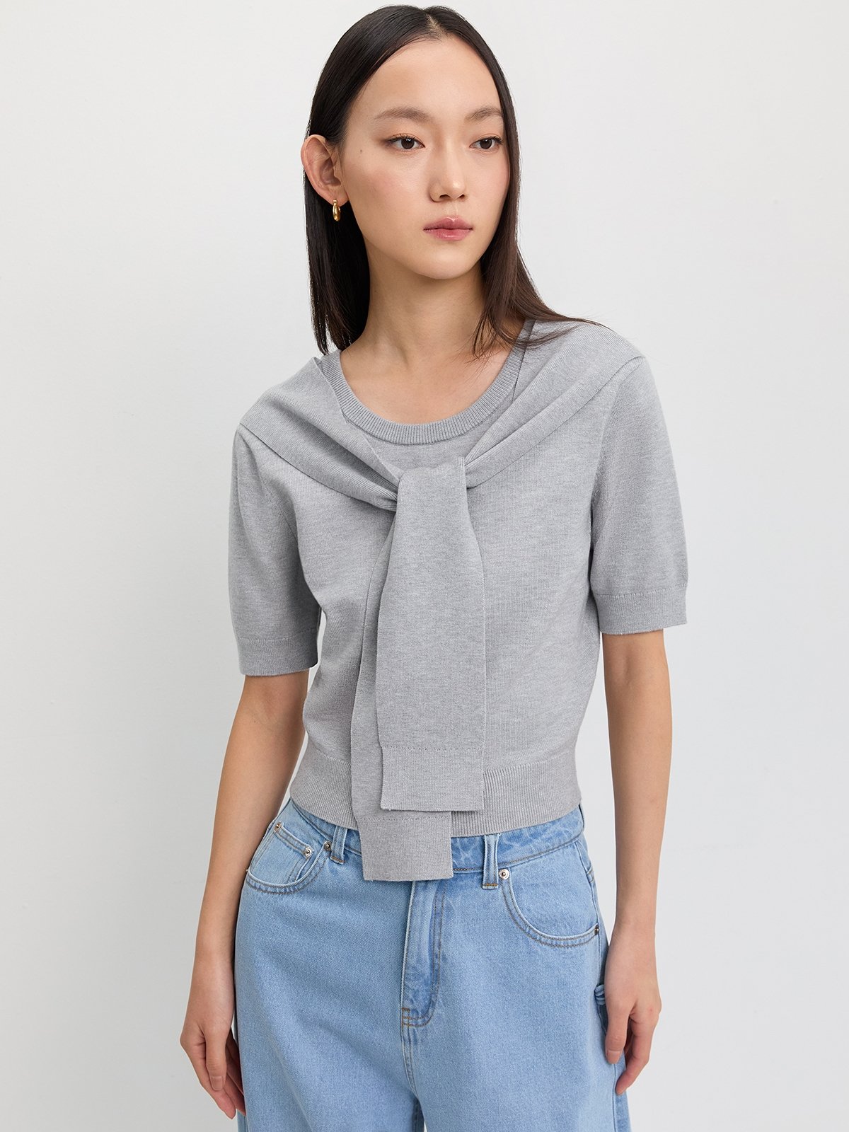 pomelo Pomelo Faux-Layered Tie-Neck Top - Light Grey Deals | Clothing