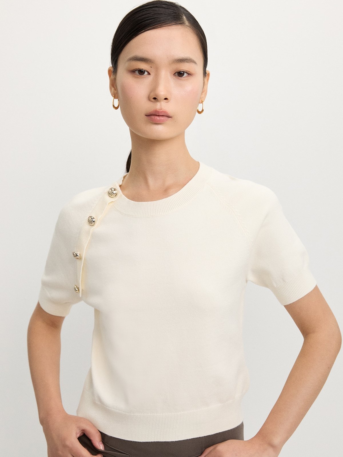 Side Button Knit Top - Ivory - Pomelo Fashion