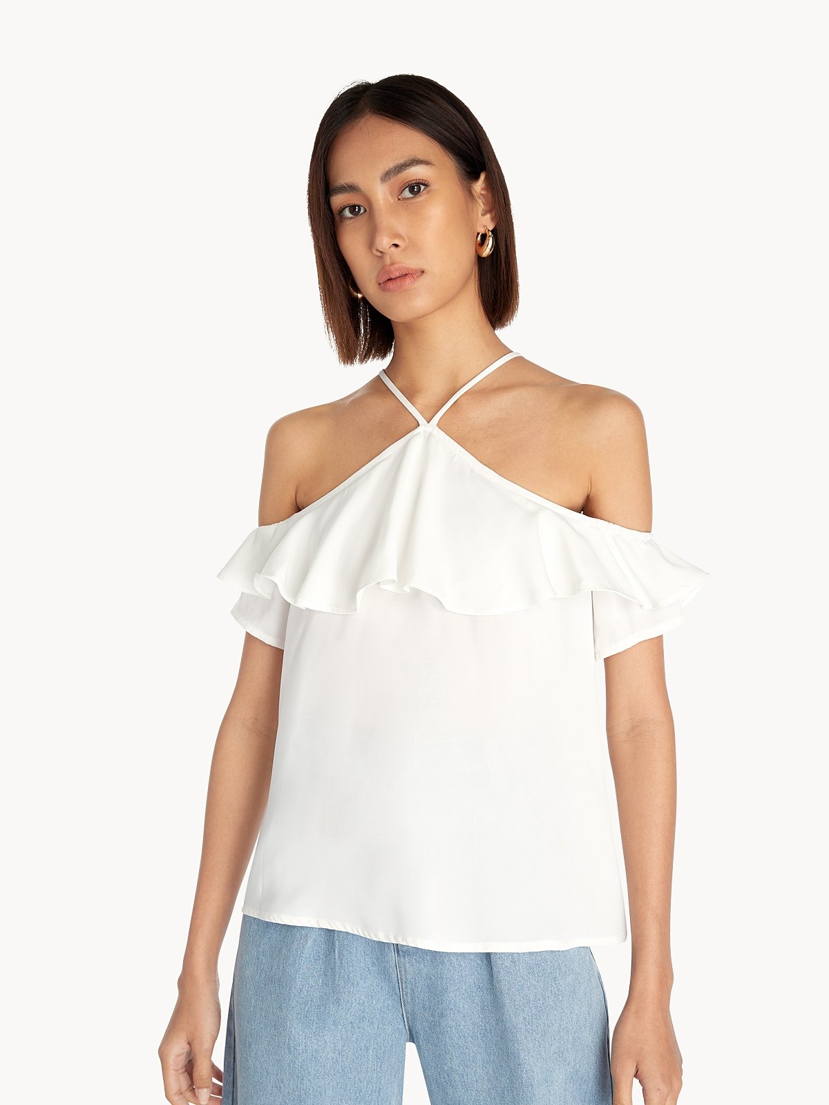 Frill Halter Neck Top - White - Pomelo Fashion