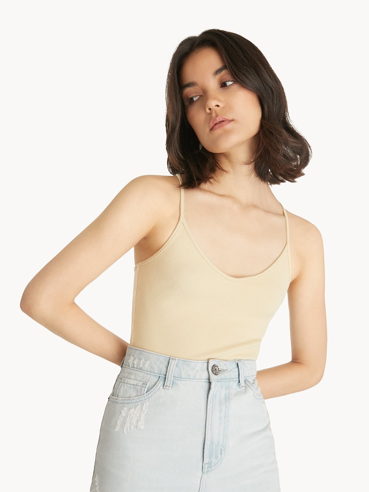 Cross Back Bodysuit - Beige - Pomelo Fashion