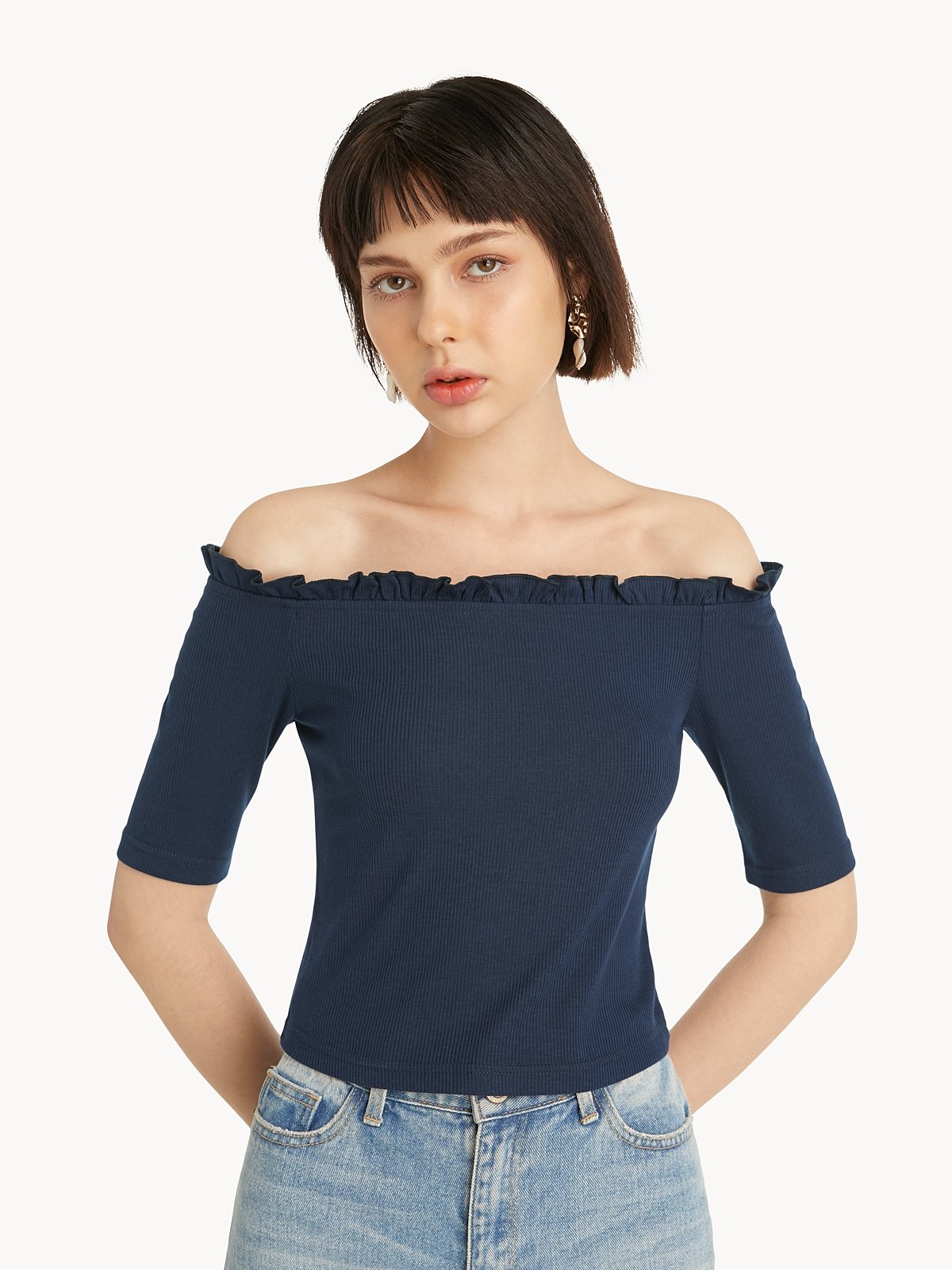 Off Shoulder Top - Navy - Pomelo Fashion