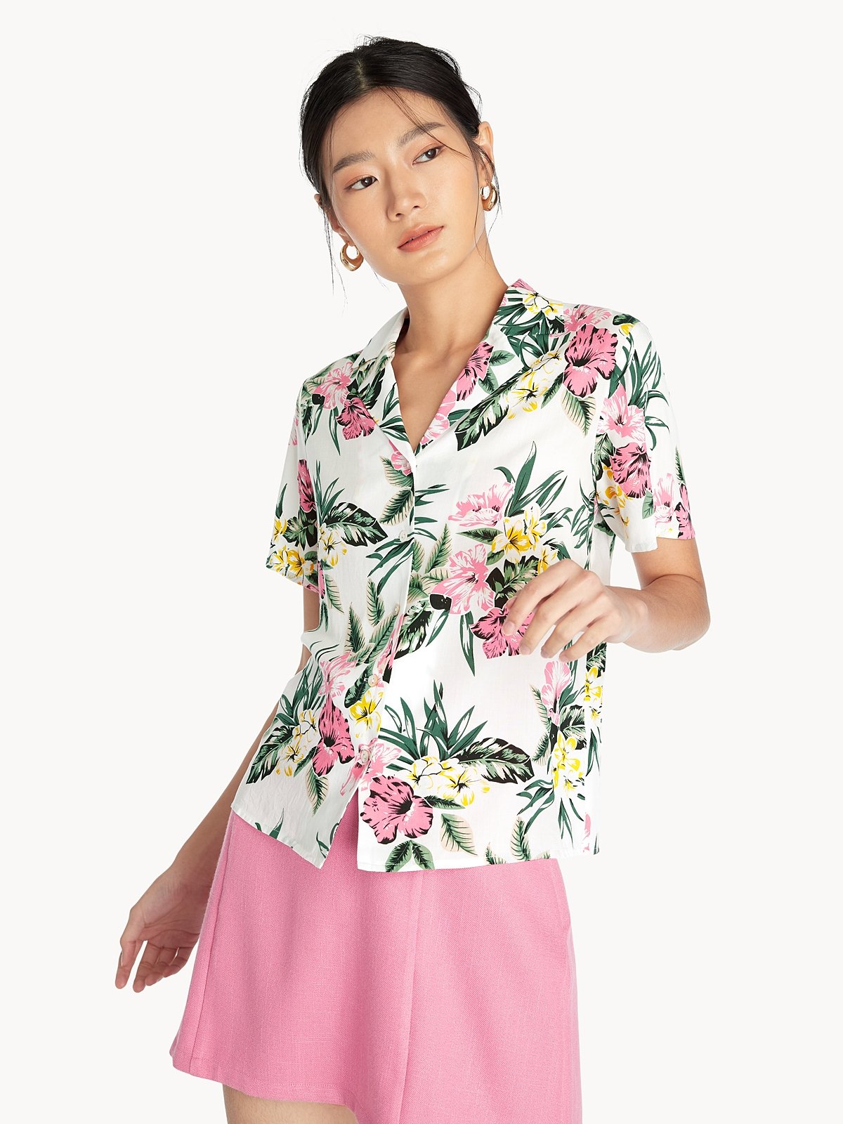 Tropical Button Down Shirt - White - Pomelo Fashion